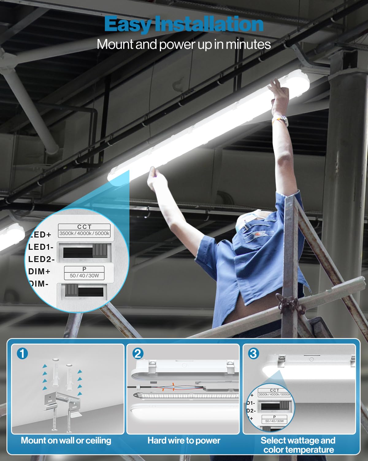 Sunco 4ft LED Vapor Tight Light Indoor Fixture Proof for Shop Light Garage, Car Wash, Workshop, Warehouse, 7000 Lumens, 3500K/4000K/5000K Selectable, 38W/46W/54W Selectable, Dimmable - ETL 4 Pack