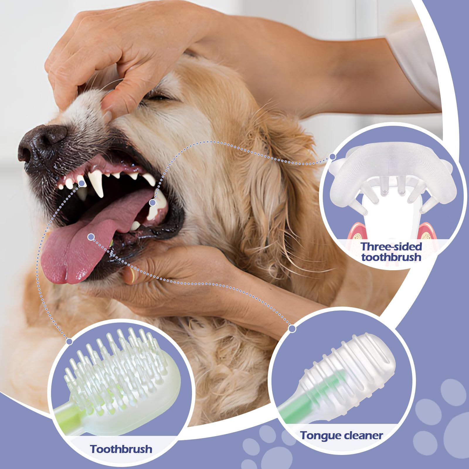 FOVRLZSE Pet Toothbrush Kit,360 Silicone Dog/Cat Toothbrush with Tongue Scrape（3pcs，Purple）