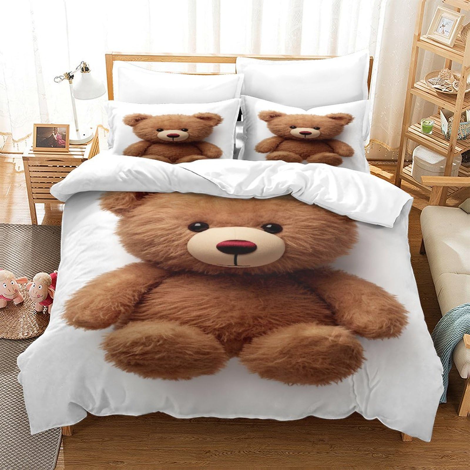 Teddy Bear Toy 3pcs 3D Bedding Set Furry Doll Duvet Cover Set Bed Printed Quilt Cover Bed Linens with 2 Pillowcases with Zipper All Season Queen（228x228cm）