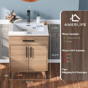 AMERLIFE 24.5" Bathroom Vanity with Sink Combo, Mid-Century Modern Small Single Bathroom Cabinet Set, Integrated Sink, Soft Closing Doors with Metal Handles, Bath Vanity Brown