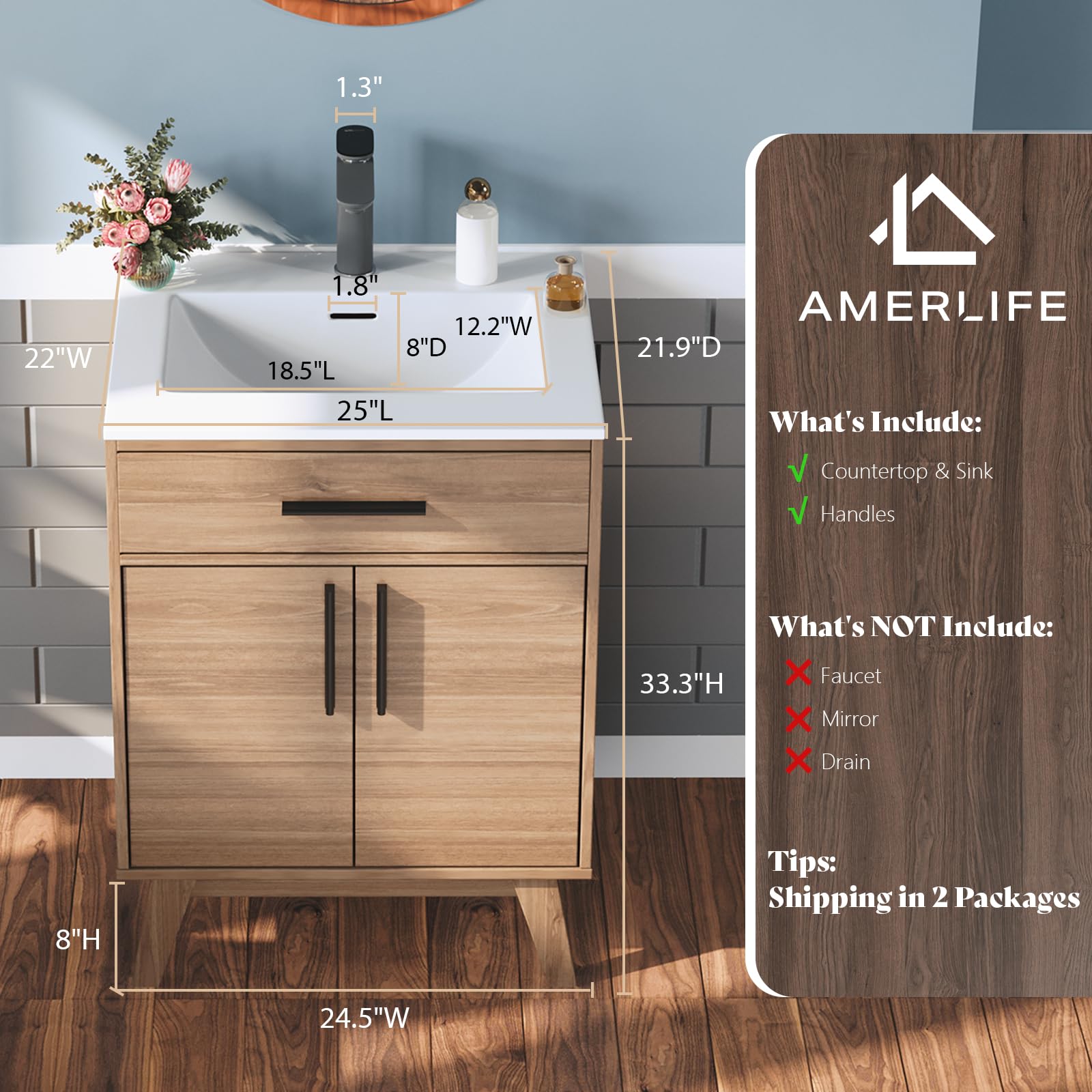 AMERLIFE 24.5" Bathroom Vanity with Sink Combo, Mid-Century Modern Small Single Bathroom Cabinet Set, Integrated Sink, Soft Closing Doors with Metal Handles, Bath Vanity Brown