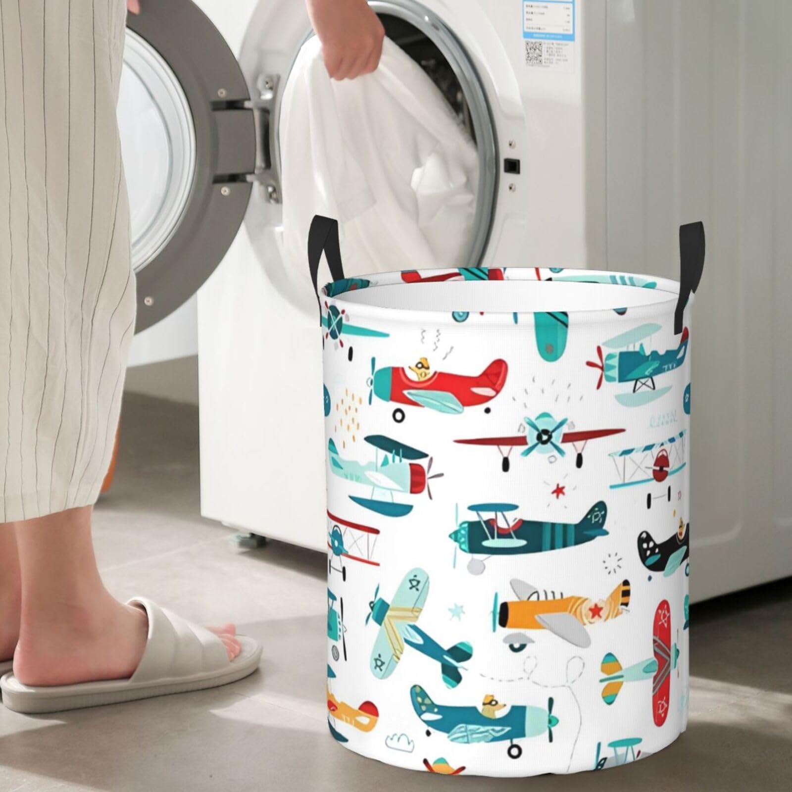 Cartoon Airplanes Laundry Basket Waterproof Collapsible Laundry Hamper with Durable Handle Round Storage Basket Dirty Clothes Organizer for Bedroom Bathroom College Dorm