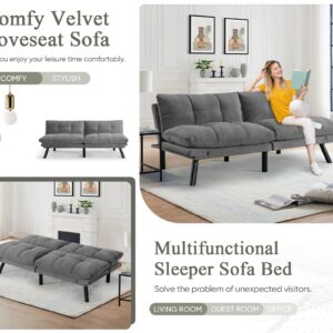 Convertible Velvet Futon Sofa Bed, Comfy 72" L Sleeper Couch with Thicker Cushion, Upholstered Modern Reclining Loveseat Folding Sofa for Small Living Room, Dorm, Apartment, Office, Light Gray