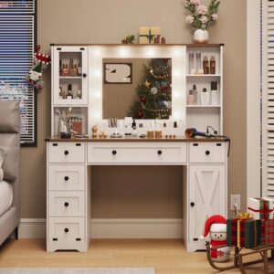 dictac makeup vanity desk with mirror and lights, farmhouse vanity table with charging station, 43'' bedroom dressing table with 6 drawers & 2 cabinets, 3 color lighting modes, white