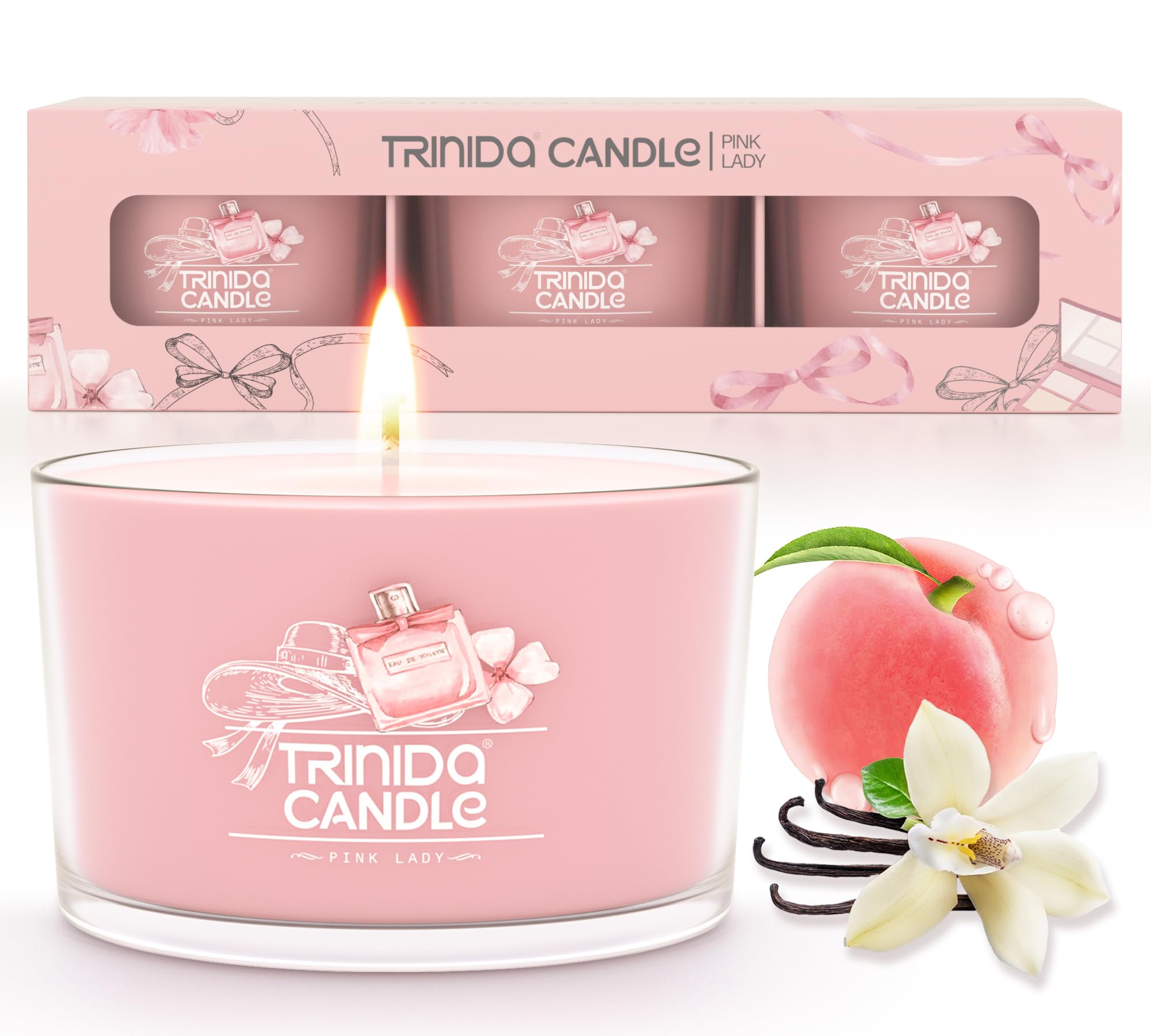 TRINIDa Candles Peach & Jasmine Scented, 3 Pack Candles for Home Scented, Vanilla Candle Set, Luxury Aromatherapy Glass Jar Pink Candle