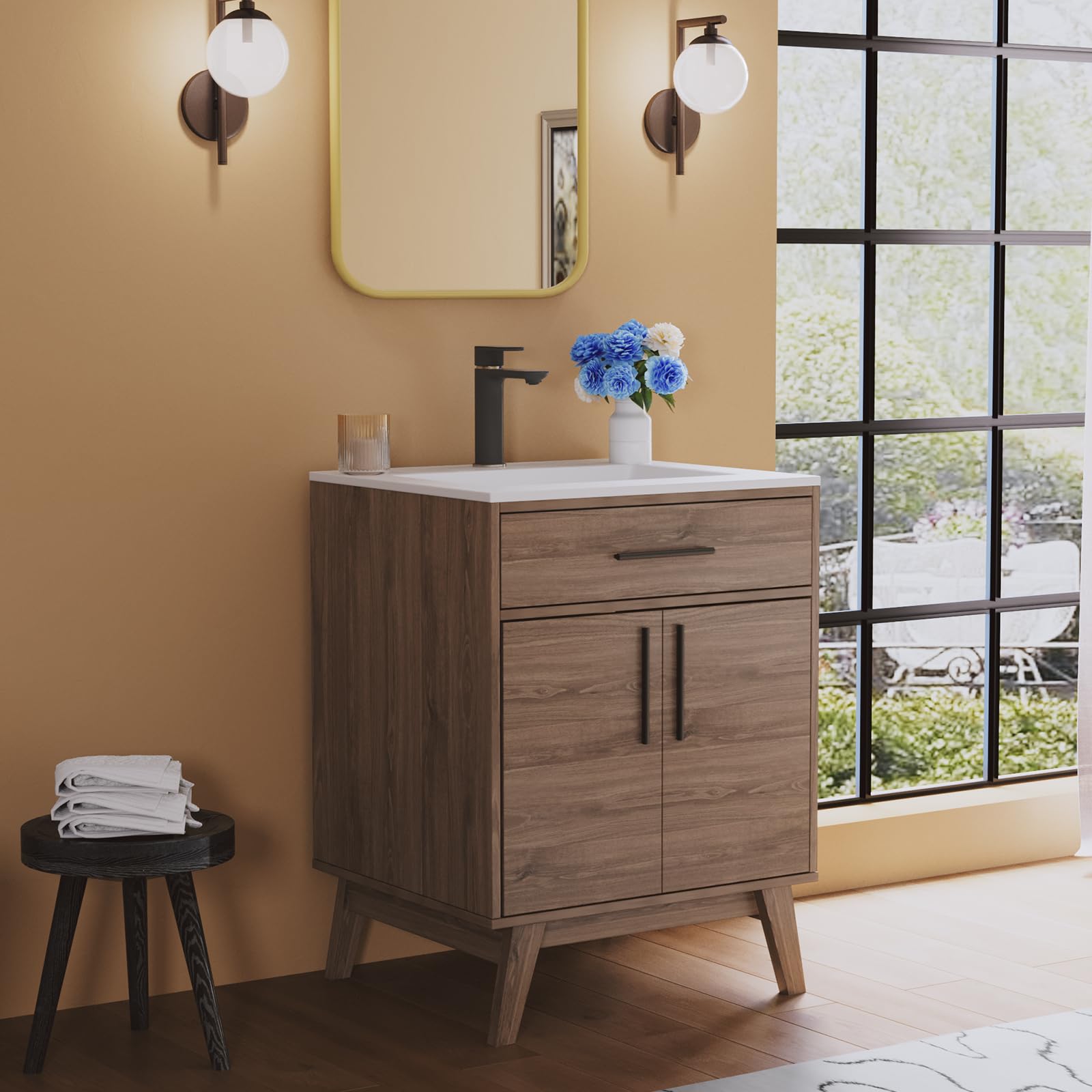 AMERLIFE 24.5" Bathroom Vanity with Sink Combo, Mid-Century Modern Small Single Bathroom Cabinet Set, Integrated Sink, Soft Closing Doors with Metal Handles, Bath Vanity Brown