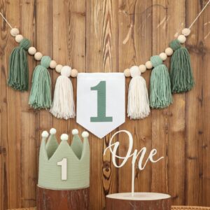 wild one 1st green highchair wood bead tassel garland crown hat wooden cake topper birthday party decorations