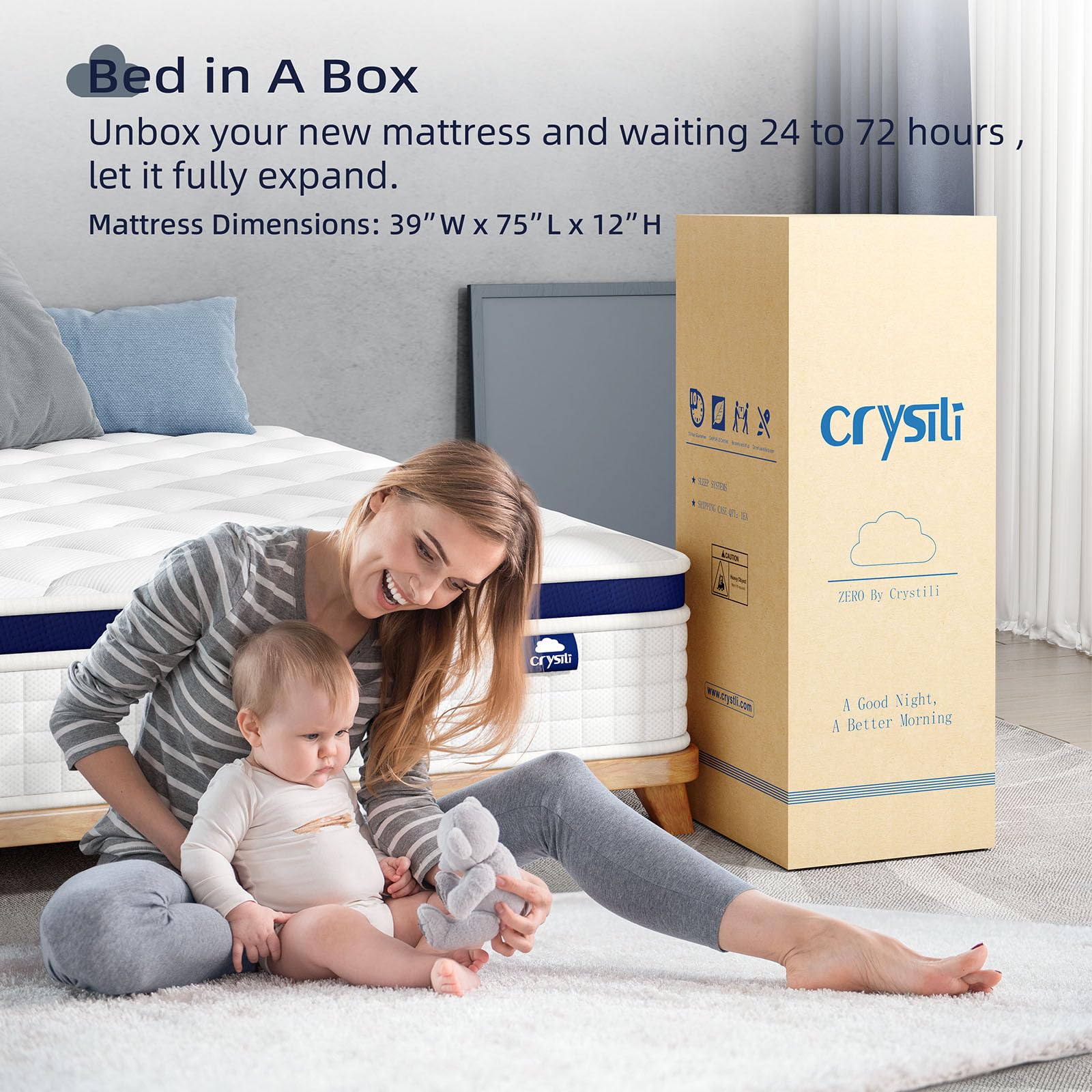 Crystli Twin Size Mattress, 12 Inch Memory Foam Mattress Bed in A Box, Innerspring Hybrid Twin Size Mattress for Pressure Relief, Medium Firm, CertiPUR-US Certified