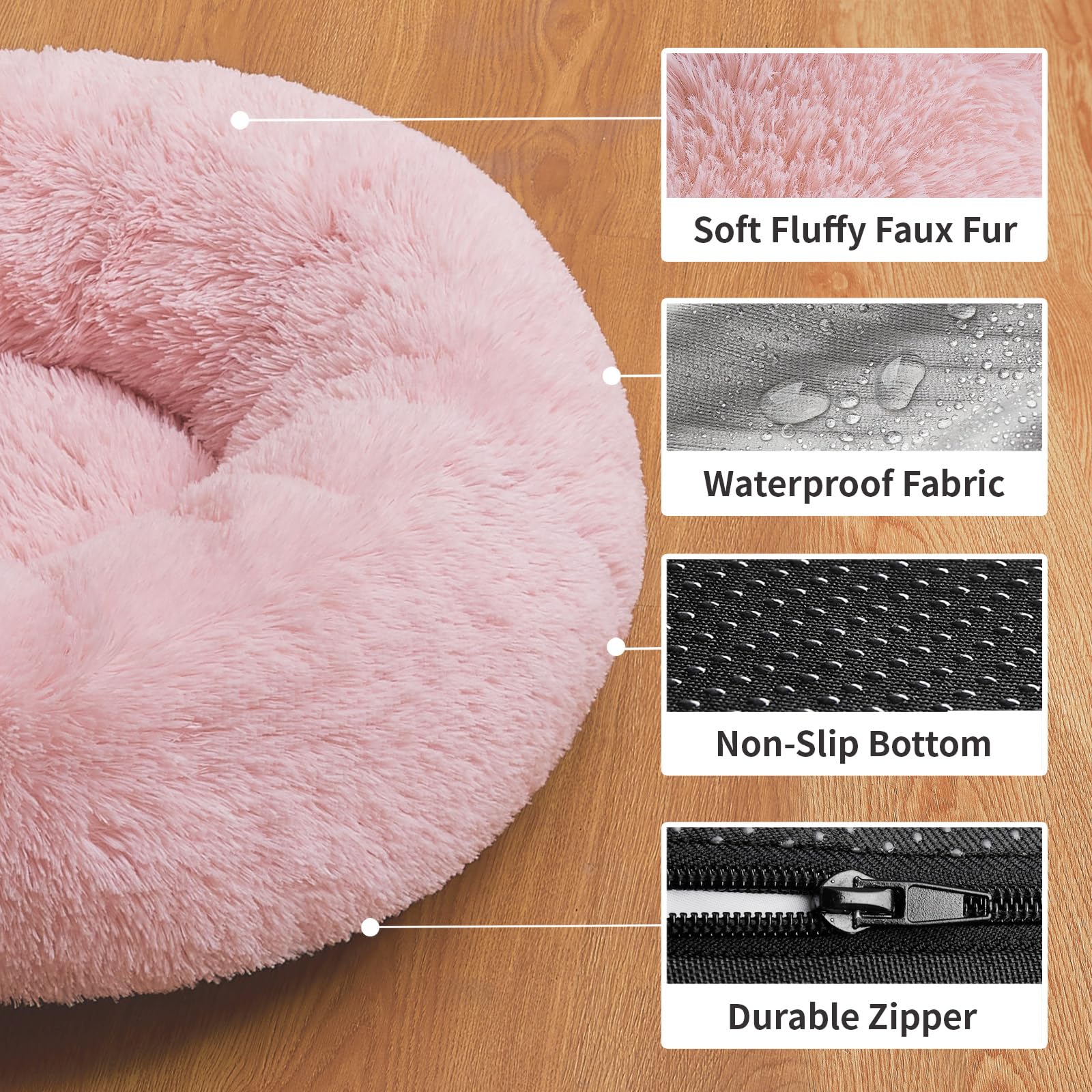 OhGeni Calming Donut Dog & Cat Bed, Machine Washable Plush Warming Bed, Anti-Slip Round Cuddle Comfort Pet Bed, Cozy Fluffy Faux Fur Bed for Small Dogs, Pink, 20 inches