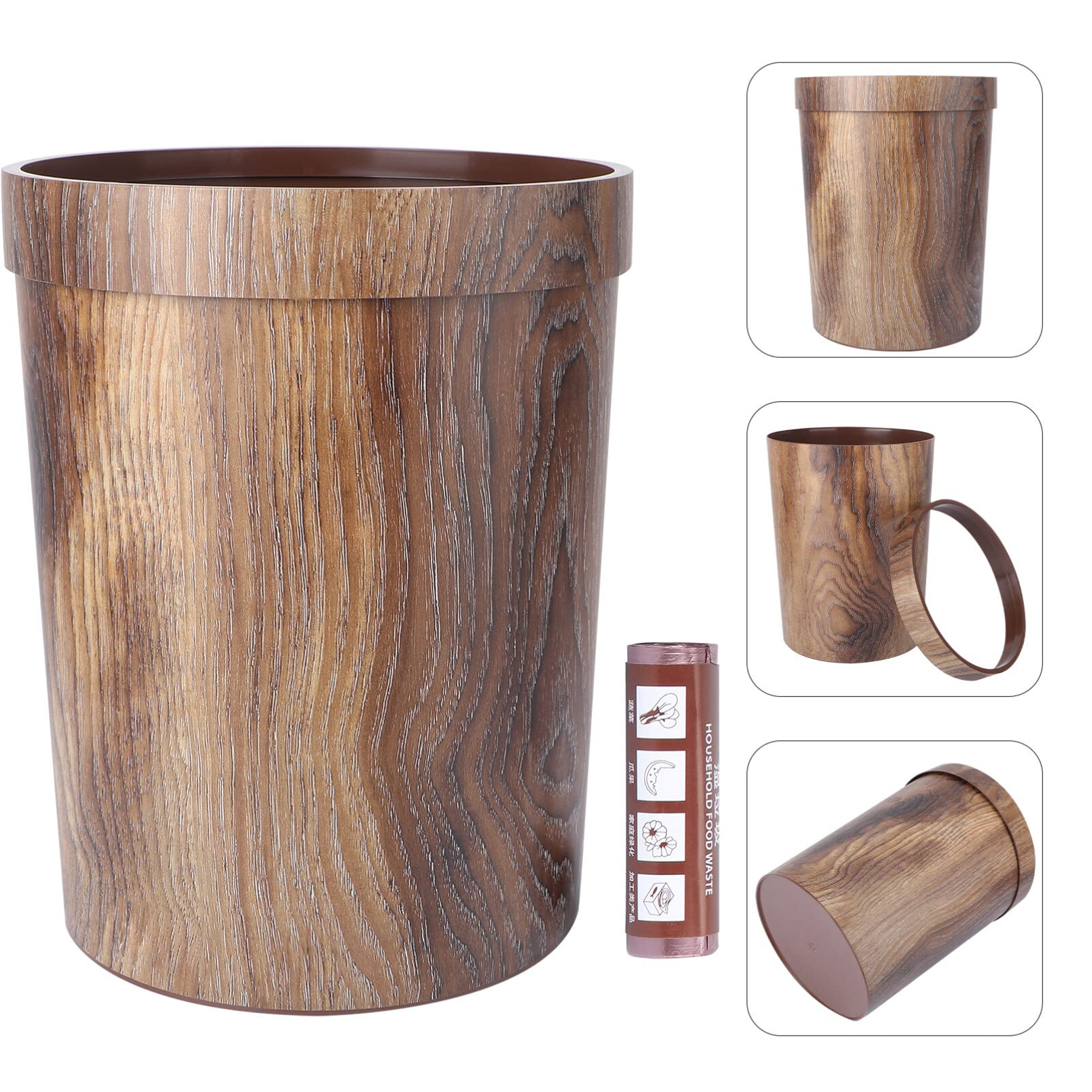 ABOOFAN Vintage Wood Grain Plastic Trash Can 10L Round Wastebasket Farmhouse Garbage Bin Container for Office Bedroom Bathroom Brown