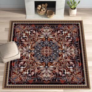 traditional vintage floral area rug 6x6 black red paisley pattern rug for living room dining room washable lightweight square carpet non skid soft kitchen bedroom throw rugs