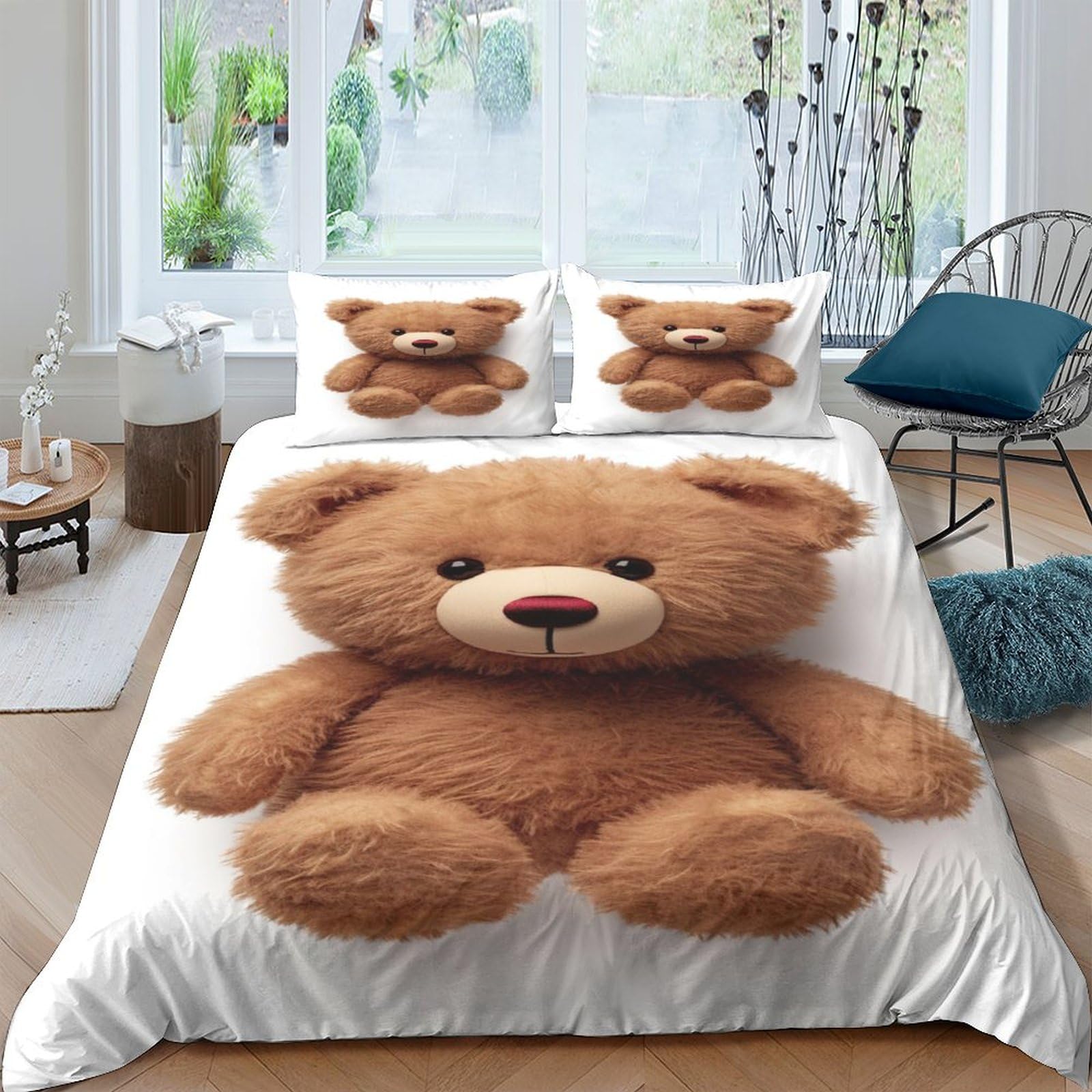 Teddy Bear Toy 3pcs 3D Bedding Set Furry Doll Duvet Cover Set Bed Printed Quilt Cover Bed Linens with 2 Pillowcases with Zipper All Season Queen（228x228cm）