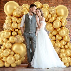 Amandir 153pcs Metallic Gold Balloon Garland Arch Kit, Different Sizes 18 12 10 5 inch Chrome Gold Latex Confetti Balloons for Wedding Birthday Graduation Holiday Party Supplies