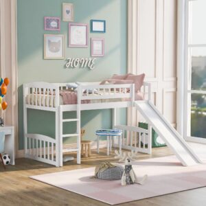 bellemave twin loft bed with slide and ladder, low loft bed for kids, wood loft bed, for boys girls,white