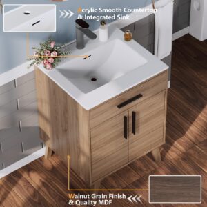 AMERLIFE 24.5" Bathroom Vanity with Sink Combo, Mid-Century Modern Small Single Bathroom Cabinet Set, Integrated Sink, Soft Closing Doors with Metal Handles, Bath Vanity Brown