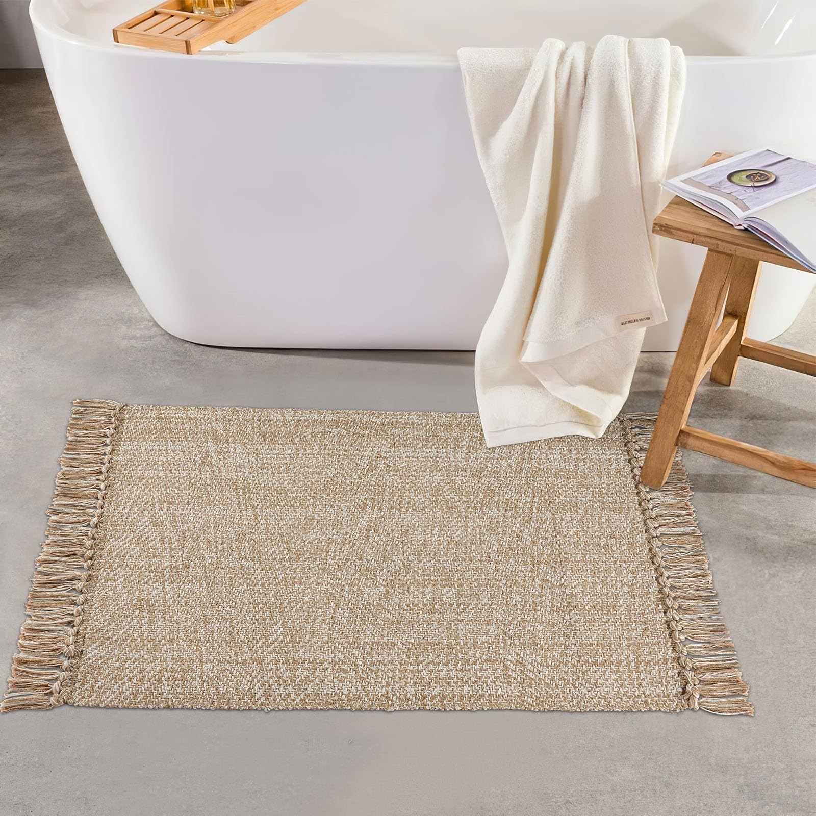 Small Boho Bathroom Rugs,2'x3' Tan Cream Washable Entryway Rug Farmhouse Throw Rug Cotton Woven Reversible Bedroom Rug, Kitchen Mat Carpet for Entrance Bedroom Laundry Living Room