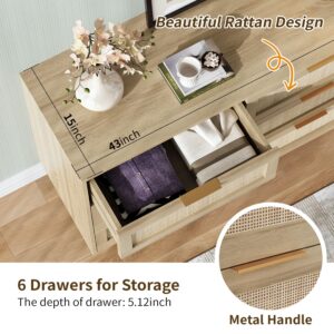 Angel Sar Rattan Dresser for Bedroom, 6 Drawer Wide Dresser, Boho&Farmhouse Chest of Drawers, 43" Clothes Storage Cabinet, Metal Handle&Wood Legs for Hallway, Living Room, Bedroom, Wood