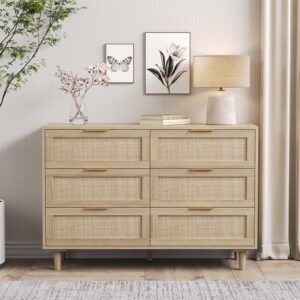 Angel Sar Rattan Dresser for Bedroom, 6 Drawer Wide Dresser, Boho&Farmhouse Chest of Drawers, 43" Clothes Storage Cabinet, Metal Handle&Wood Legs for Hallway, Living Room, Bedroom, Wood