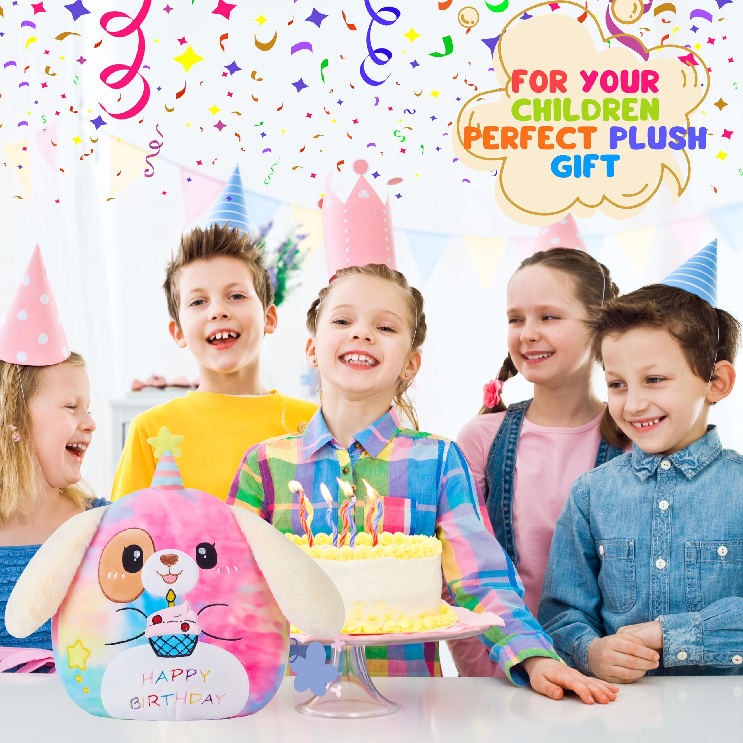 PLAYNICS Large Birthday Happy Dog Plush Pillow Stuffed Animal Toy,14.5" Big Size Cute Soft Toys Fat Kawaii Cuddle Huggable Plushie,Gift for Kids