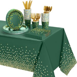 tegeme 256 pcs dark green and gold party supplies christmas paper plates napkins cups gold dot disposable tablecloths plastic forks knives spoon serve 36 guest for birthday graduation party decoration