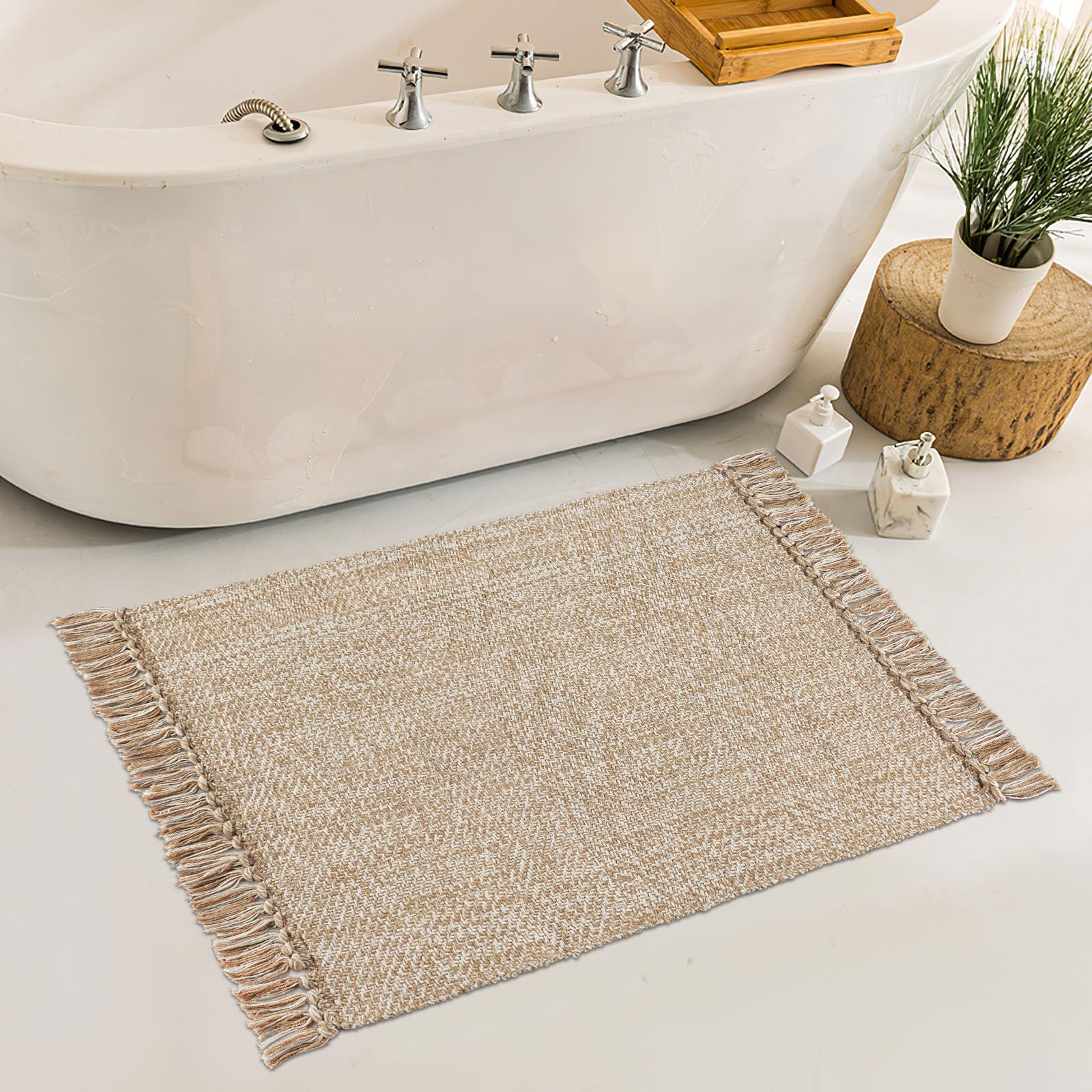 Small Boho Bathroom Rugs,2'x3' Tan Cream Washable Entryway Rug Farmhouse Throw Rug Cotton Woven Reversible Bedroom Rug, Kitchen Mat Carpet for Entrance Bedroom Laundry Living Room