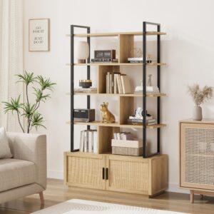 gaomon 5 tier rattan bookshelf with storage cabinet & door, 71.1 inch tall industrial book shelf with open display shelves, 5 shelf bookcase with metal frame for living room, bedroom -burlywood