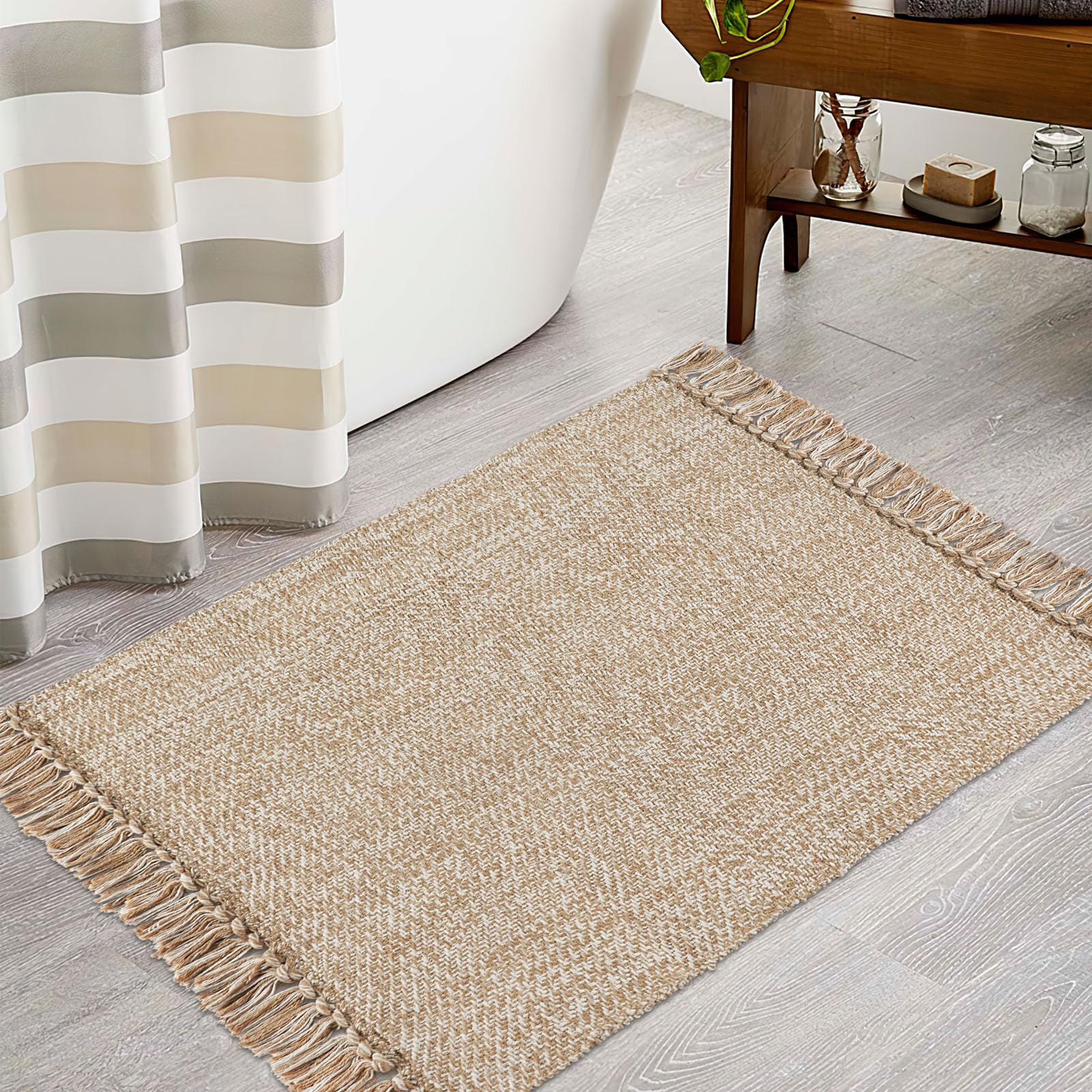 Small Boho Bathroom Rugs,2'x3' Tan Cream Washable Entryway Rug Farmhouse Throw Rug Cotton Woven Reversible Bedroom Rug, Kitchen Mat Carpet for Entrance Bedroom Laundry Living Room