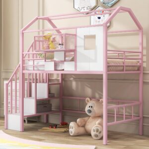 Twin Loft Bed with Stairs, Roof, Window and Full-Length Guardrail, House Loft Bed/Heavy Duty Metal Loft Bed with Storage Box and Storage Stairs, Pink Loft Bed Twin Size