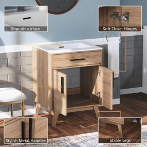 AMERLIFE 24.5" Bathroom Vanity with Sink Combo, Mid-Century Modern Small Single Bathroom Cabinet Set, Integrated Sink, Soft Closing Doors with Metal Handles, Bath Vanity Brown