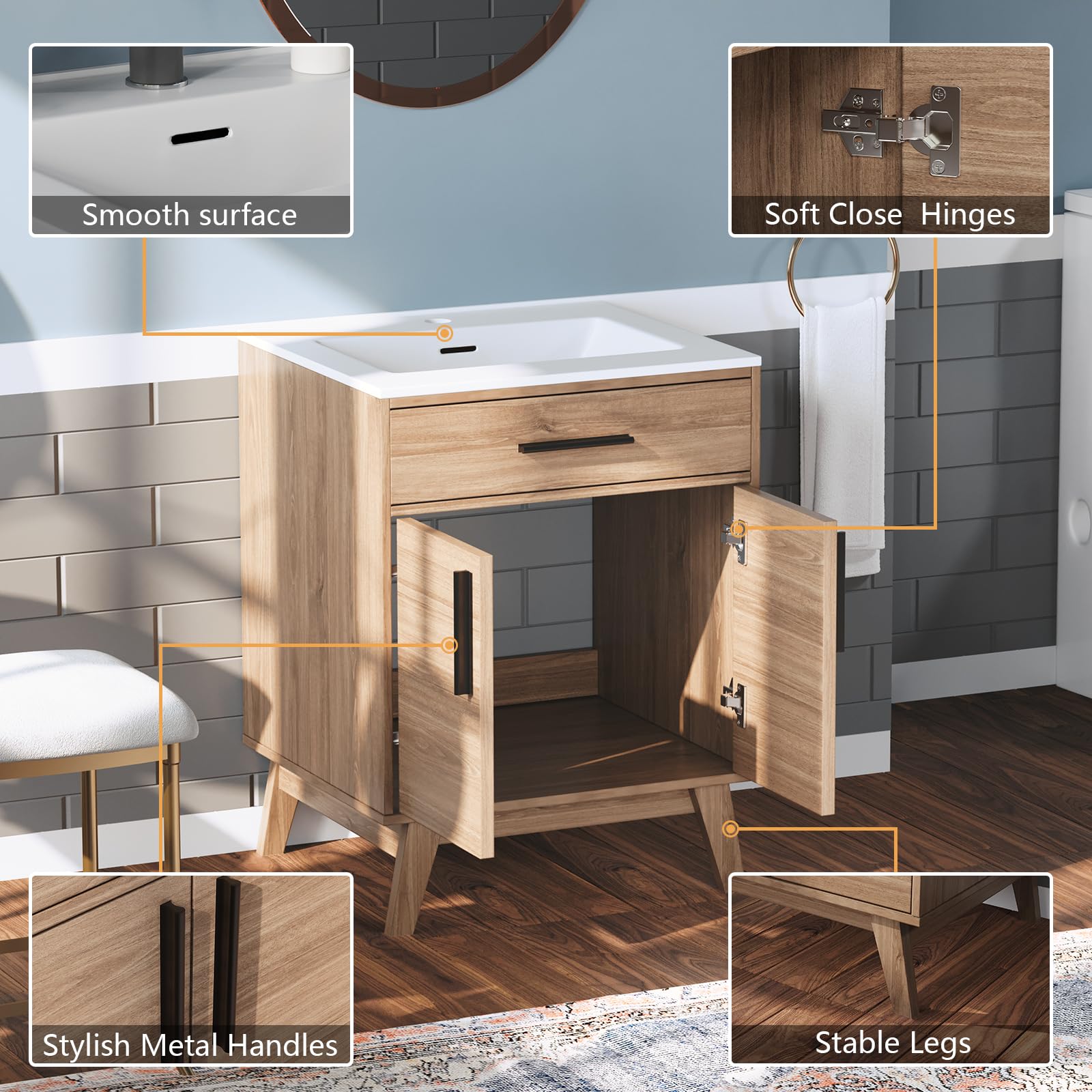 AMERLIFE 24.5" Bathroom Vanity with Sink Combo, Mid-Century Modern Small Single Bathroom Cabinet Set, Integrated Sink, Soft Closing Doors with Metal Handles, Bath Vanity Brown