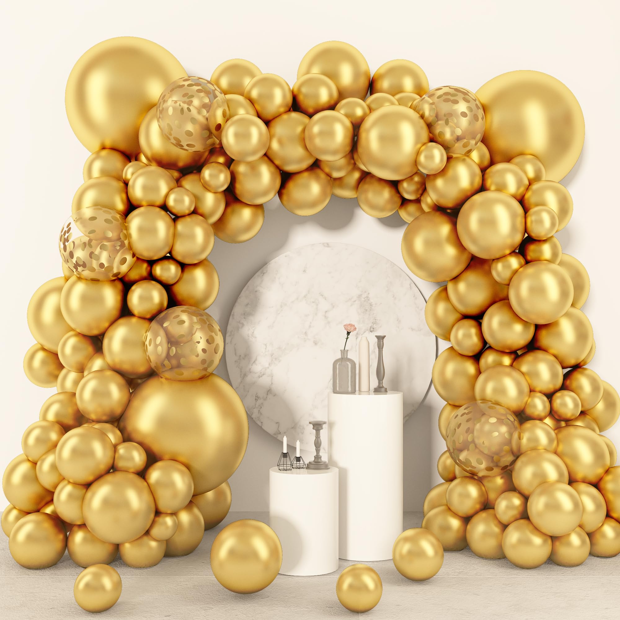 Amandir 153pcs Metallic Gold Balloon Garland Arch Kit, Different Sizes 18 12 10 5 inch Chrome Gold Latex Confetti Balloons for Wedding Birthday Graduation Holiday Party Supplies