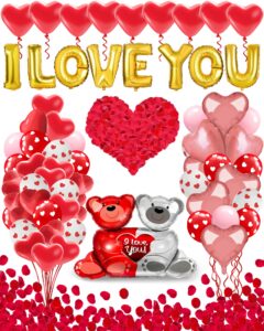 lutoys valentines balloon kit decor with i love you balloons, heart balloons with 1000 pcs silk red rose petals for valentines day decorations romantic proposal wedding anniversary decorations