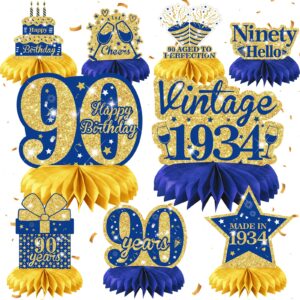 9pcs blue gold 90th birthday decorations blue 90th birthday honeycomb centerpieces for tables decorations vintage 1934 centerpieces table topper cheers to 90 years decor for men women birthday party