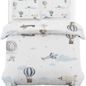 BIAFRA hot air Balloon Duvet Cover Twin Small Airplane Printed Bedding Set 3 Pieces Reversible Design Soft Microfiber Comforter Cover with Zipper Closure and 2 Pillowcases