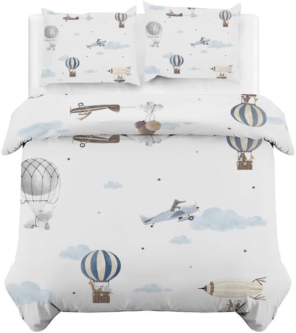 BIAFRA hot air Balloon Duvet Cover Twin Small Airplane Printed Bedding Set 3 Pieces Reversible Design Soft Microfiber Comforter Cover with Zipper Closure and 2 Pillowcases