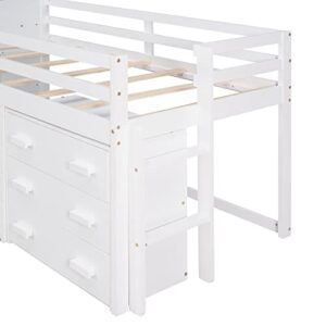 DEYOBED Wooden Twin Size Loft Bed Frame with Bedside Shelf, Storage Cabinet, Safety Guardrail and Ladder, Ideal Bed Frame for Kids Teens Boys Girls Bedroom, White