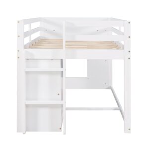 DEYOBED Wooden Twin Size Loft Bed Frame with Bedside Shelf, Storage Cabinet, Safety Guardrail and Ladder, Ideal Bed Frame for Kids Teens Boys Girls Bedroom, White