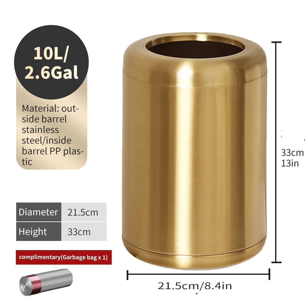 YOJIA 10L/2.6Gallon Small Gold Bathroom Trash Can,Brushed Gold Bathroom Garbage Can，Brass Trash Can for Bathroom,Vanity Bedroom,Hotel,Dressing Room，Rv, Store (135 Gold)