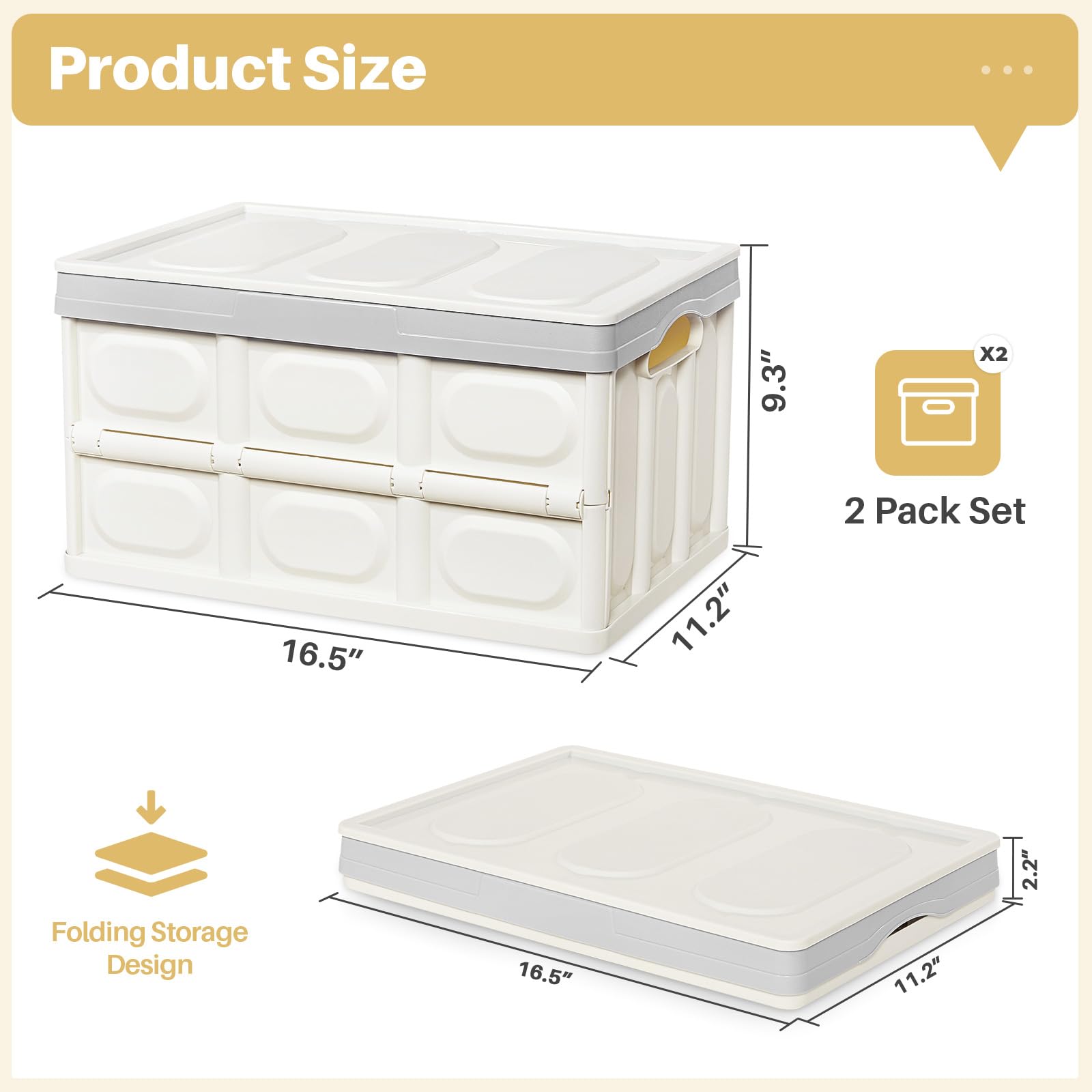 Homde 30L Collapsible Plastic Crates Storage Container with Lids 2 Pack Stackable Storage Bins with Secure Buckles for Clothes, Toy, Grocery, Camping and Garage (30L, White)