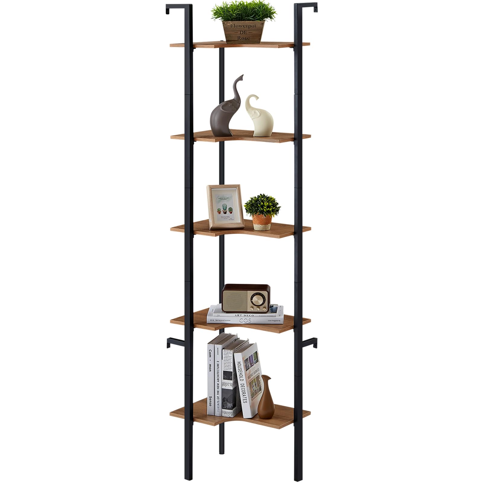 Freexployer Corner Shelf Stand, 5 Tier Industrial Corner Bookshelf, Tall Corner Plant Shelf with Metal Frame, Multipurpose Display Corner Shelves for Small Space, Office, Bedroom, Brown