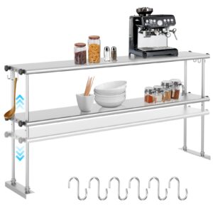 vlaeng 60" x 12" stainless steel double overshelf, double overshelf with 6 hooks, adjustable commercial double shelf for 60" prep work table in restaurant, home, kitchen and workshop