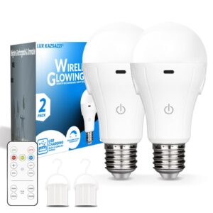 luxkazsazzi wirelessglow rechargeable light bulbs with remote, 3 color temperatures and dimmable battery operated light bulbs, touch control + usb rechargeable battery light bulb, a19, 2 pack