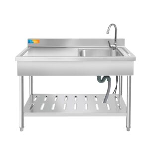 treshin stainless steel utility sink, free standing single bowl commercial sink set w/workbench & storage shelves, faucet, for restaurant, kitchen, garage, laundry, 19.6"d x 47.2"w x 37.4"h