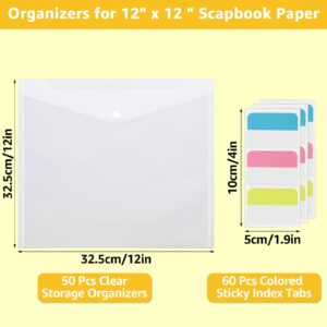 WOPPLXY 50 Pcs Scrapbook Paper Storage with Buckle Design, 12 x 12 Inch Clear Scrapbook Paper Organizer with 60 Pcs Sticky Index Tabs for Holding Scrapbook Paper, Vinyl Paper, Photos, Clear, Cardstock