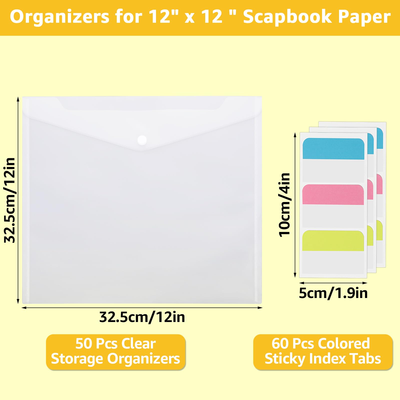 WOPPLXY 50 Pcs Scrapbook Paper Storage with Buckle Design, 12 x 12 Inch Clear Scrapbook Paper Organizer with 60 Pcs Sticky Index Tabs for Holding Scrapbook Paper, Vinyl Paper, Photos, Clear, Cardstock