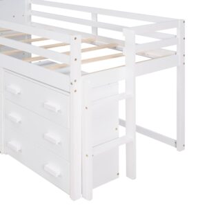 DEYOBED Wooden Twin Size Loft Bed Frame with Bedside Shelf, Storage Cabinet, Safety Guardrail and Ladder, Ideal Bed Frame for Kids Teens Boys Girls Bedroom, White