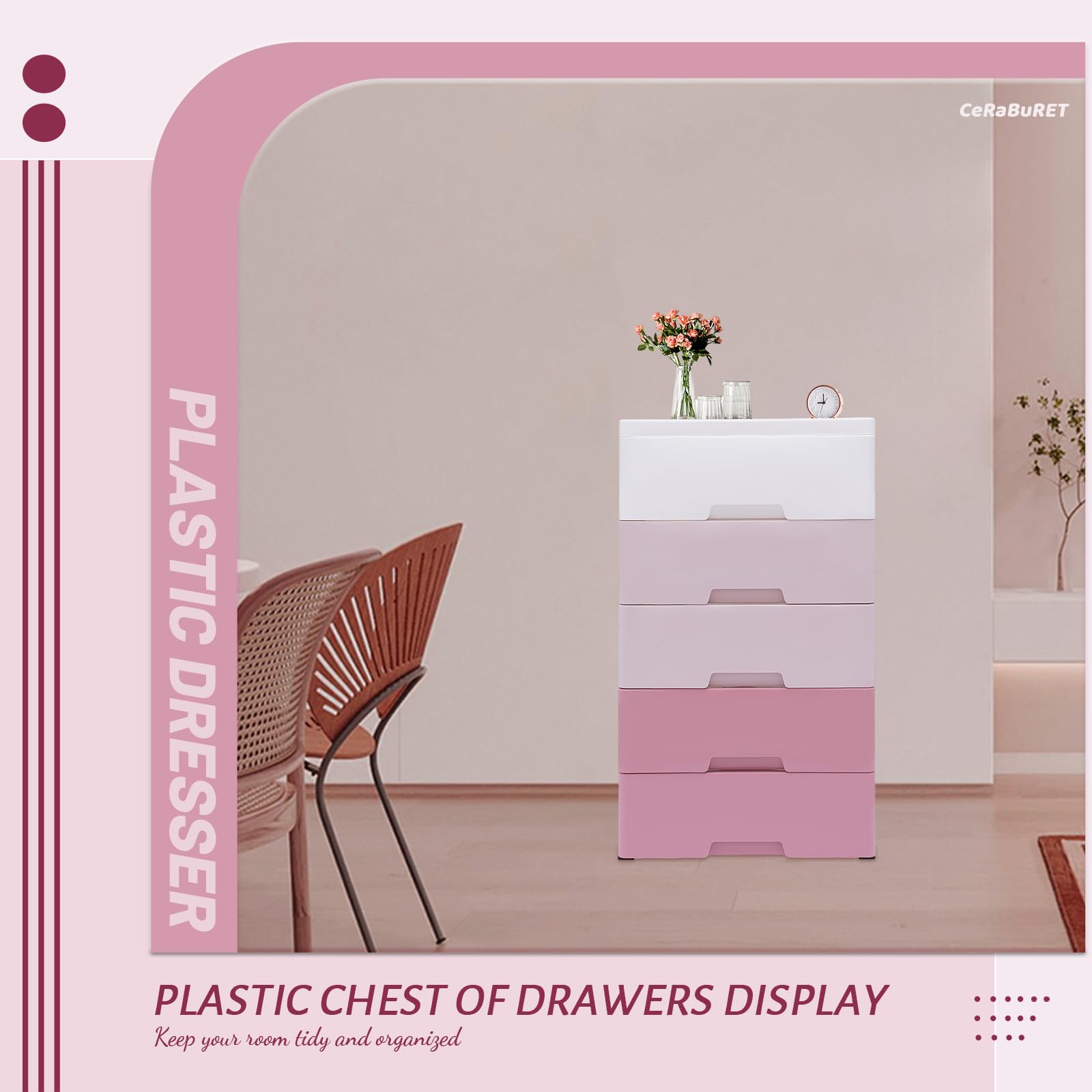 Plastic Drawer 5-layer Closet Storage Baby Clothes Organizer Plastic Dresser with Drawers Pink Dresser Clothes Drawer Small Kids Dressers for Bedroom Clothes Playroom Furniture Toys