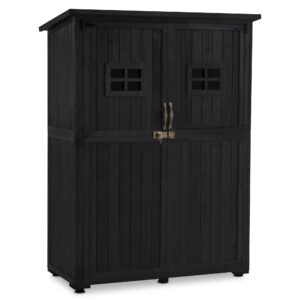 mcombo large wooden outdoor storage shed with 2 shelves, oversize garden tool shed with lock, outdoor storage cabinet with floor for patio and yard (46.9" x 22.4" x 66") 1911 (black)