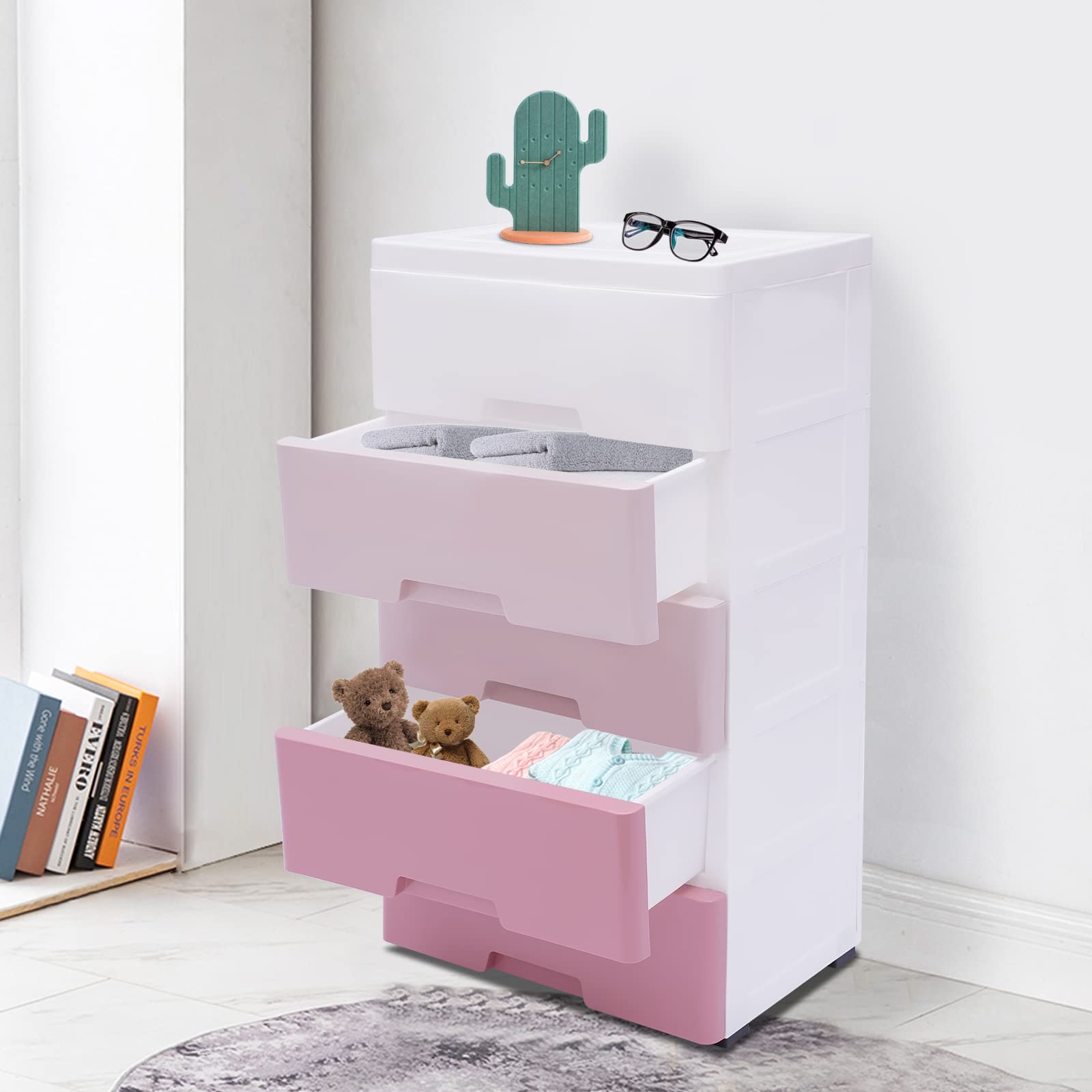 Plastic Drawer 5-layer Closet Storage Baby Clothes Organizer Plastic Dresser with Drawers Pink Dresser Clothes Drawer Small Kids Dressers for Bedroom Clothes Playroom Furniture Toys