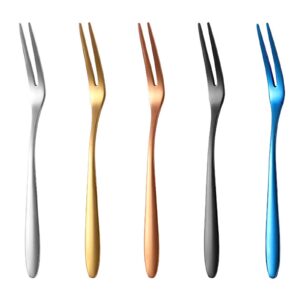 5 pcs small fruit fork, 5.1 inch stainless steel dessert forks, mini fruit forks for appetizer cake cocktail, asanta tiny cute salad forks for party, home, mix color (silver/gold/rose gold/black/blue)